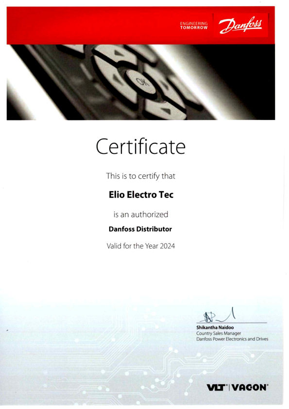 Danfoss Certificate – Elio Electro Tech CC