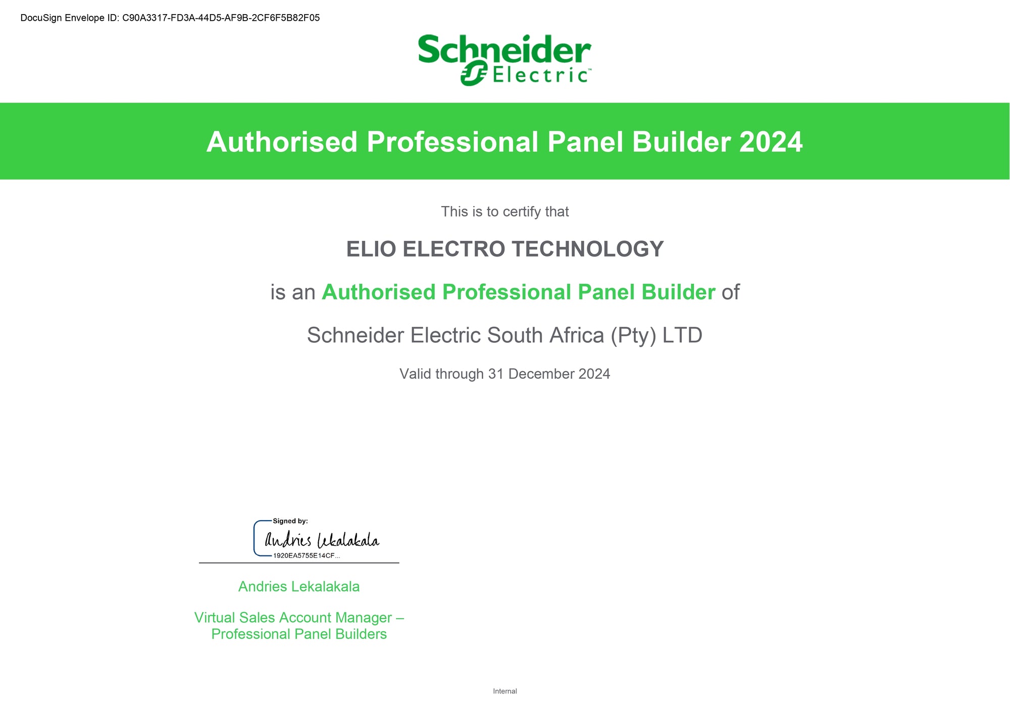 Schneider Certificate – Elio Electro Tech CC