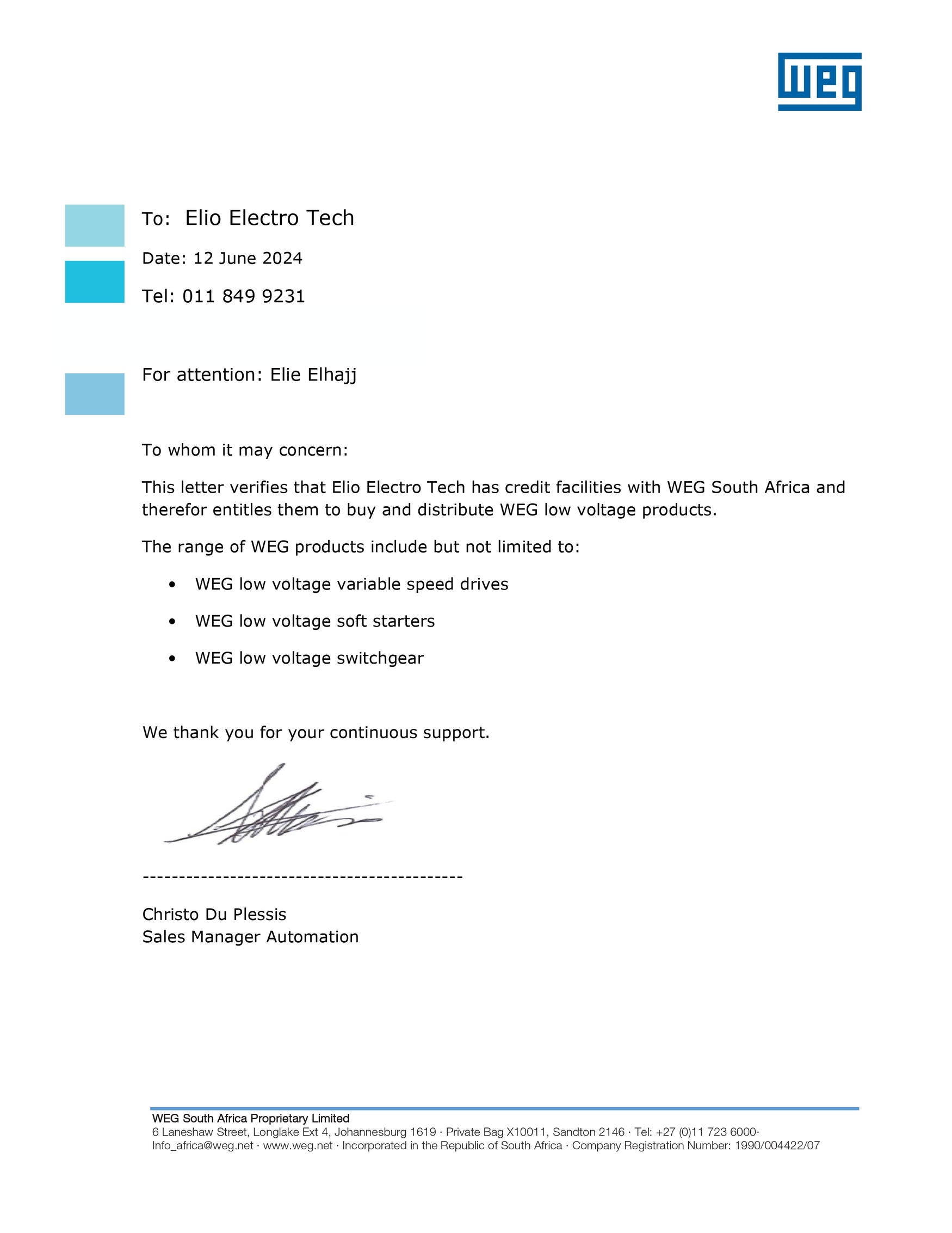 WEG CERTIFICATE – Elio Electro Tech CC